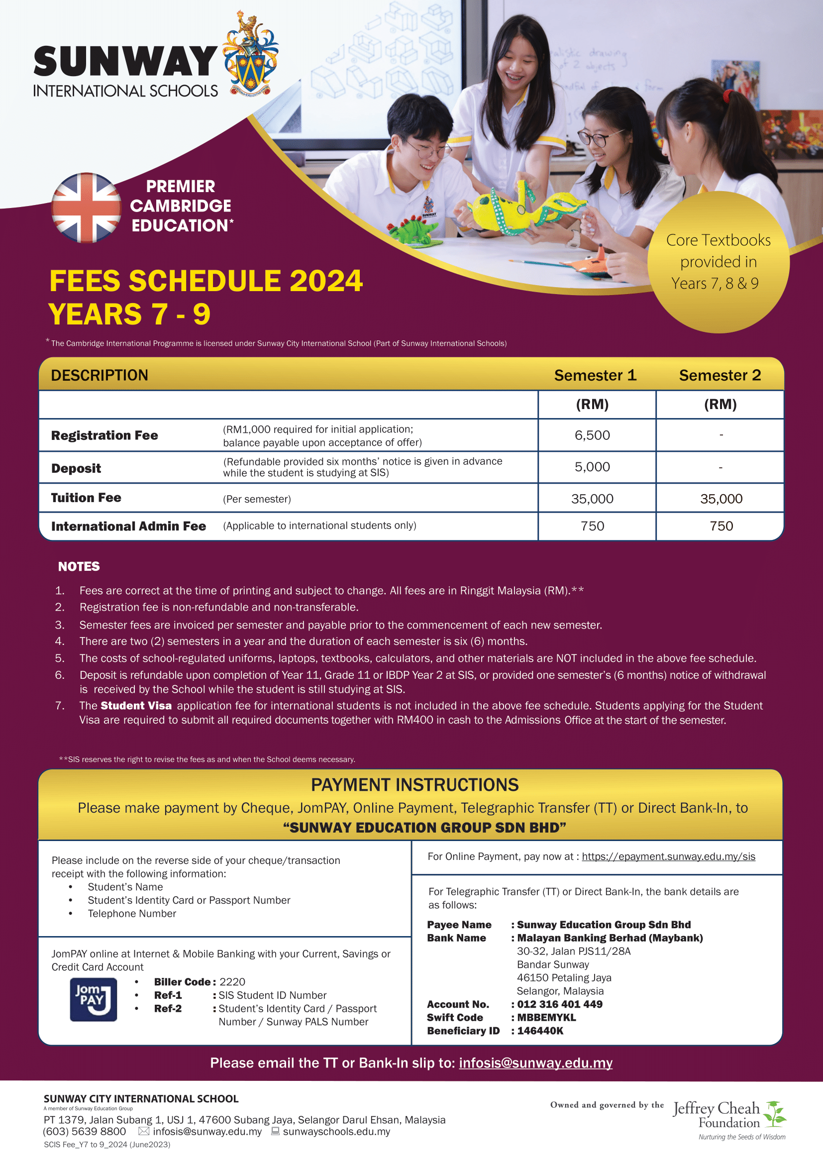 SISKL Fee Schedules for 2024 | Sunway International Schools